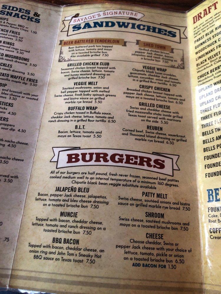 Menu at Savage's Ale House pub & bar, Muncie