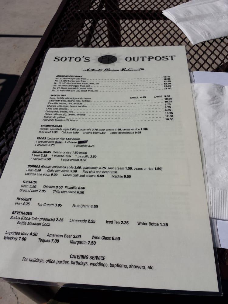 Menu at Soto's Outpost Mexican Restaurant, Tubac