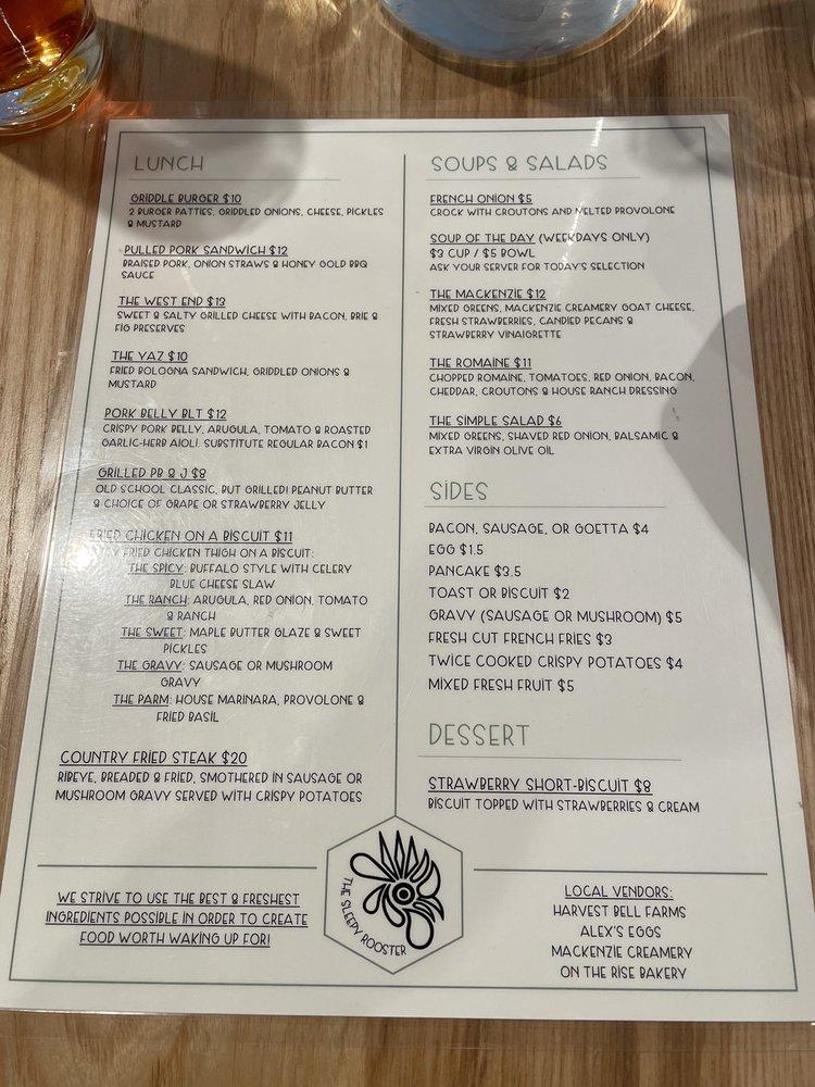 Menu at The Sleepy Rooster restaurant, South Russell
