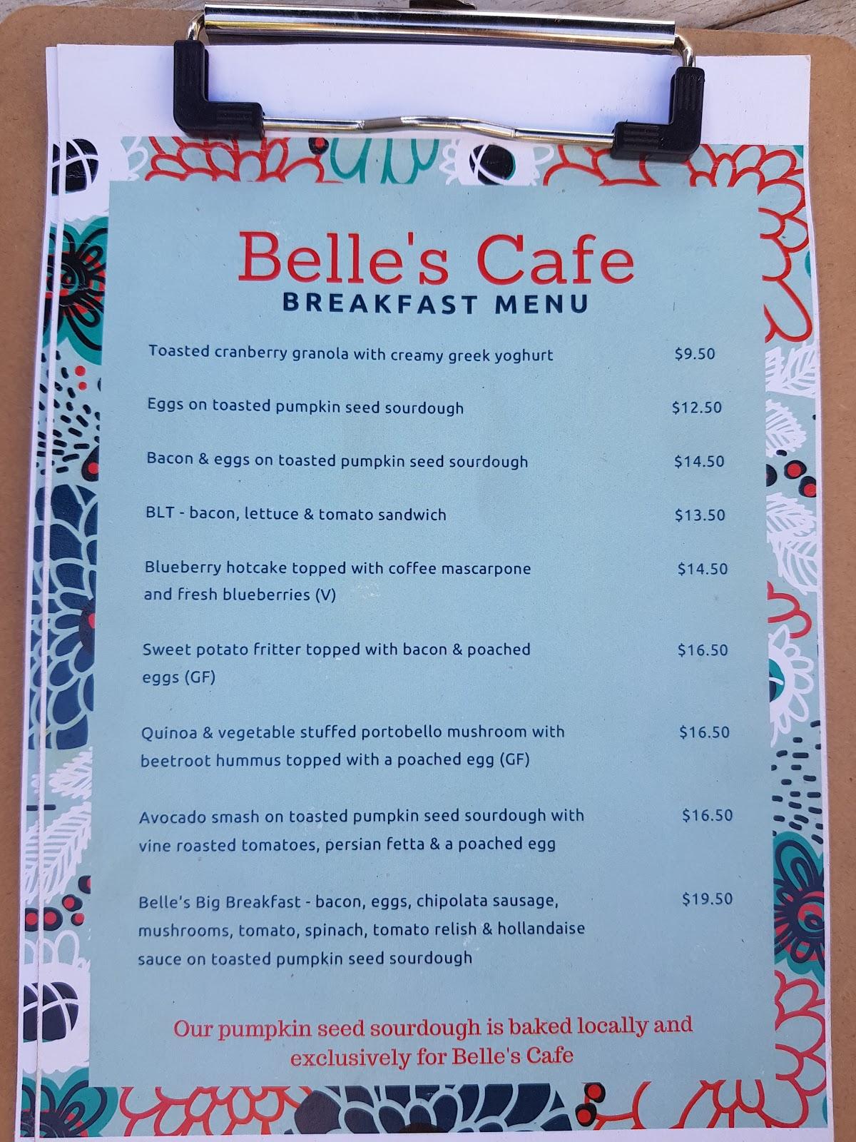 Menu at Belle's Cafe, Yarrawonga