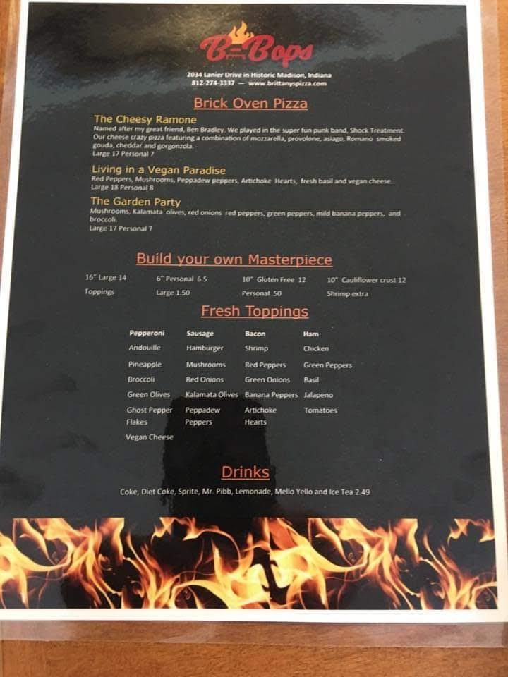 Menu at Brittany’s Brick Oven Pizza - B-Bop’s pizzeria, Madison