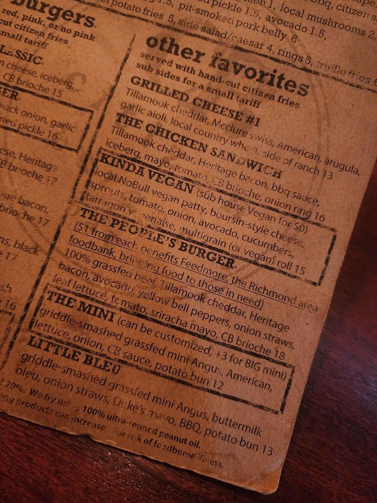 Menu at Citizen Burger Bar, Richmond
