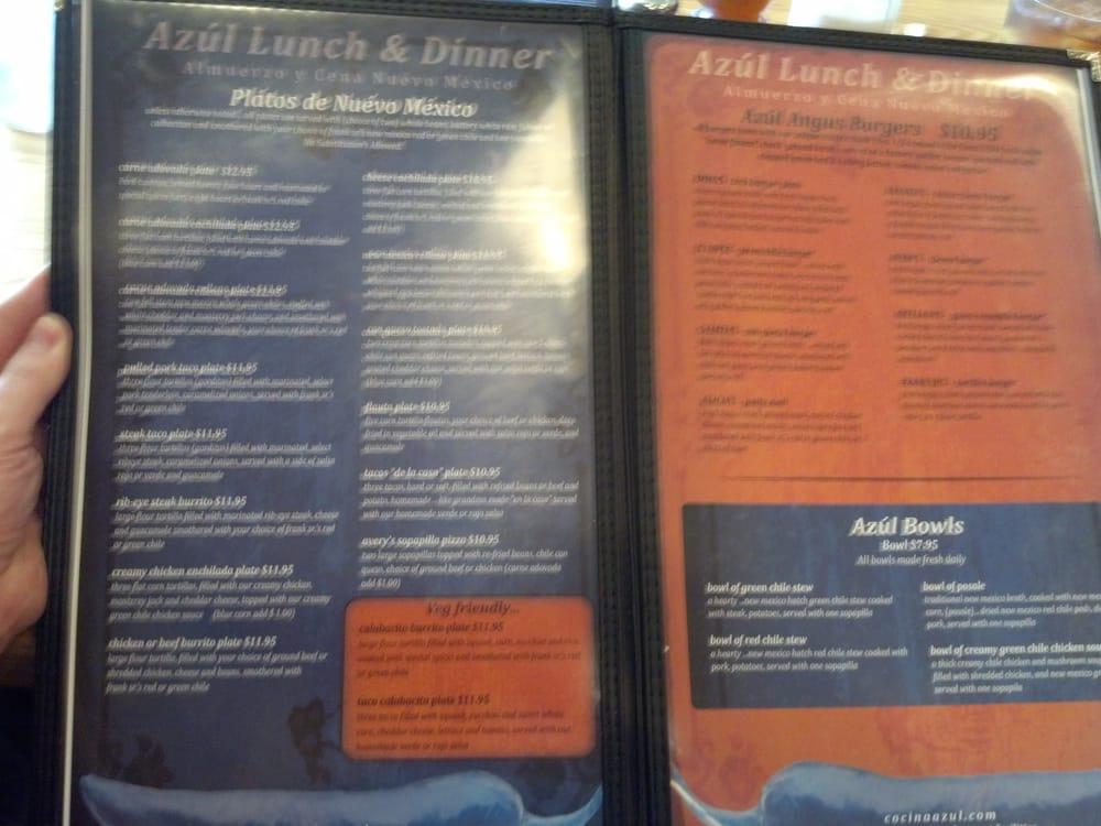 Menu at Cocina Azul restaurant, Albuquerque, Mountain Rd NW