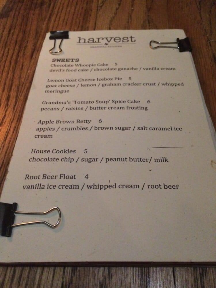 Menu at Harvest at the Masonic restaurant, McKinney