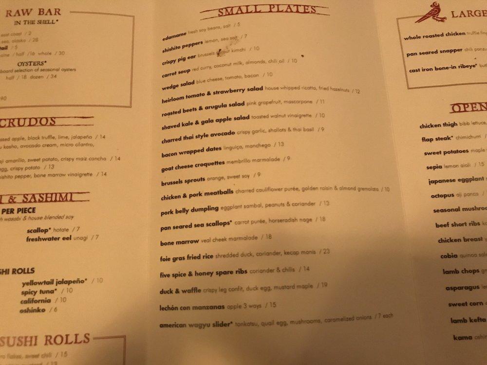 Menu at Sugarcane restaurant, Miami