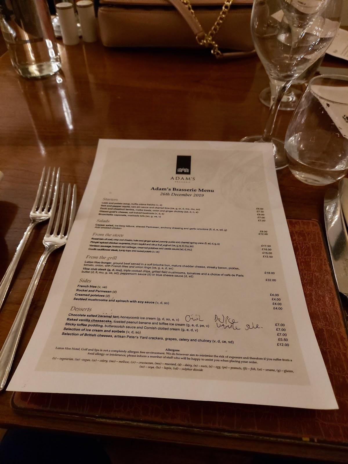Menu at Adam's Brasserie restaurant, Luton