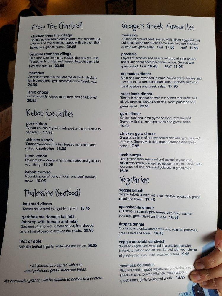 Menu at George's Greek Village restaurant, St. Catharines, 535 Queenston St