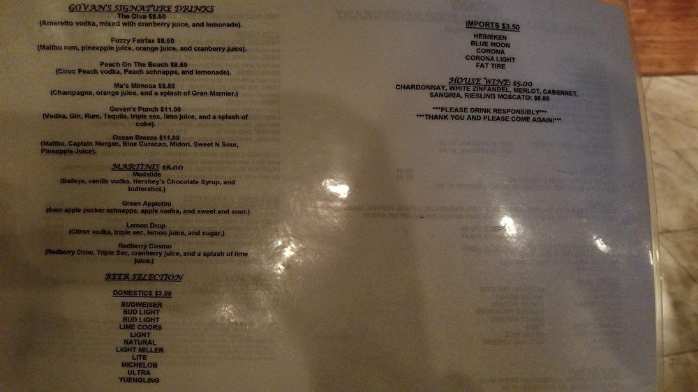 Menu at Govan's Sports Blues and Soulfood Restaurant, Fairfax