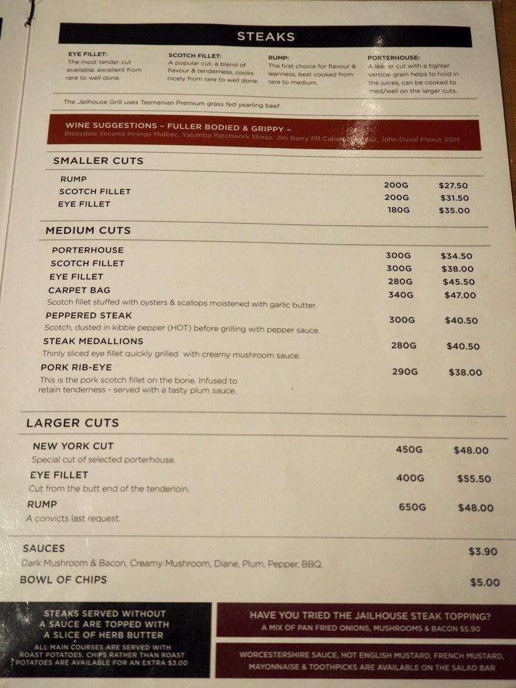 Menu at Jailhouse Grill steakhouse, Launceston, 32 Wellington St