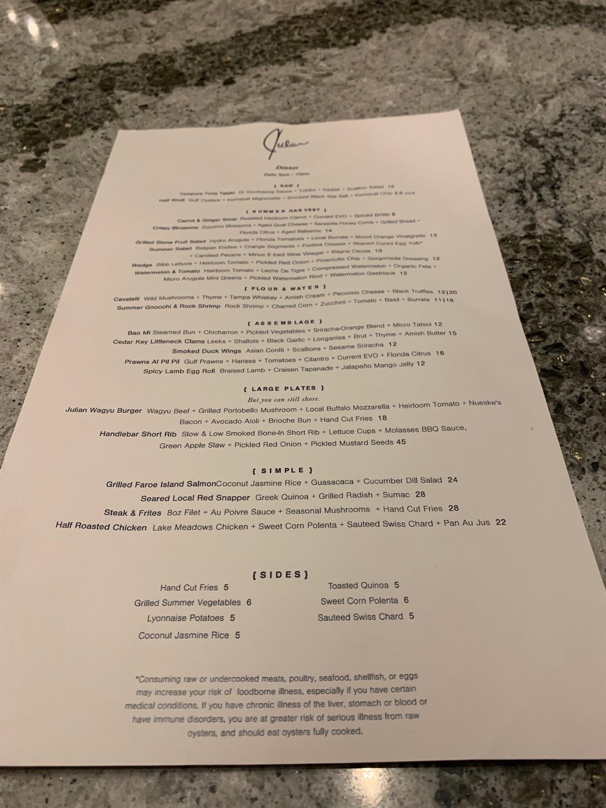 Menu at Julian Restaurant, Tampa