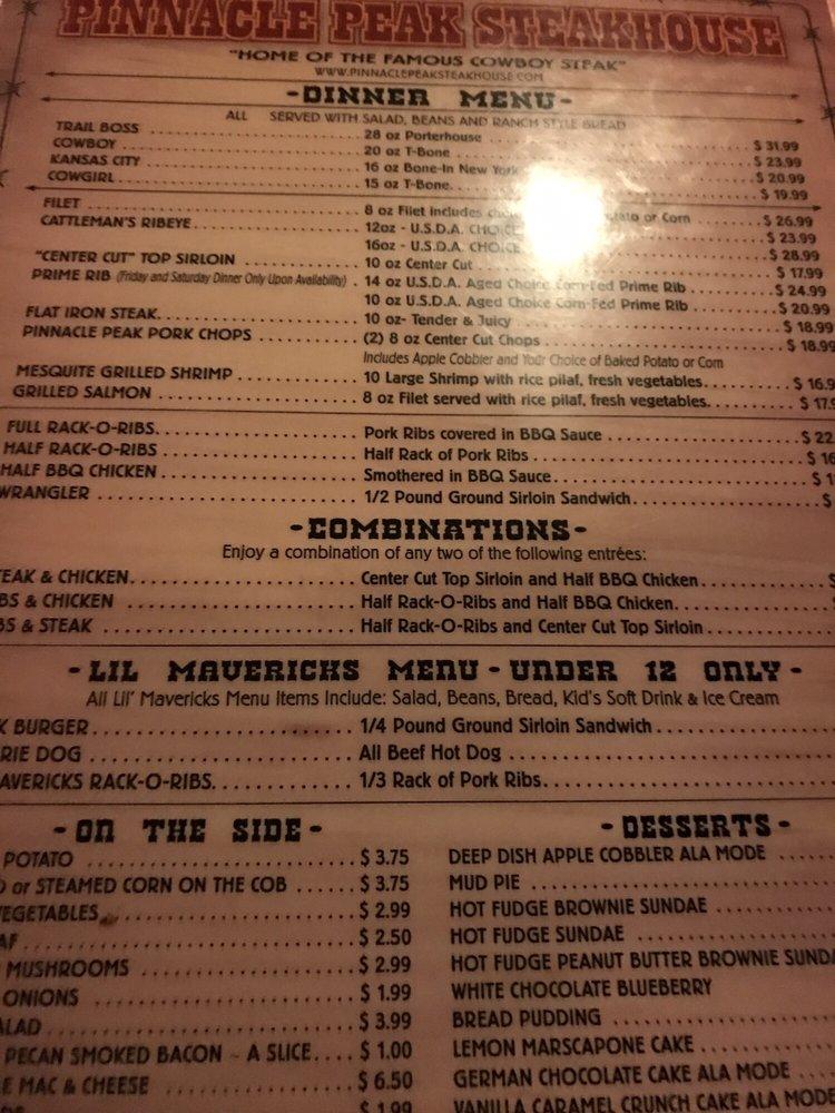 Menu at Pinnacle Peak Steakhouse, San Dimas