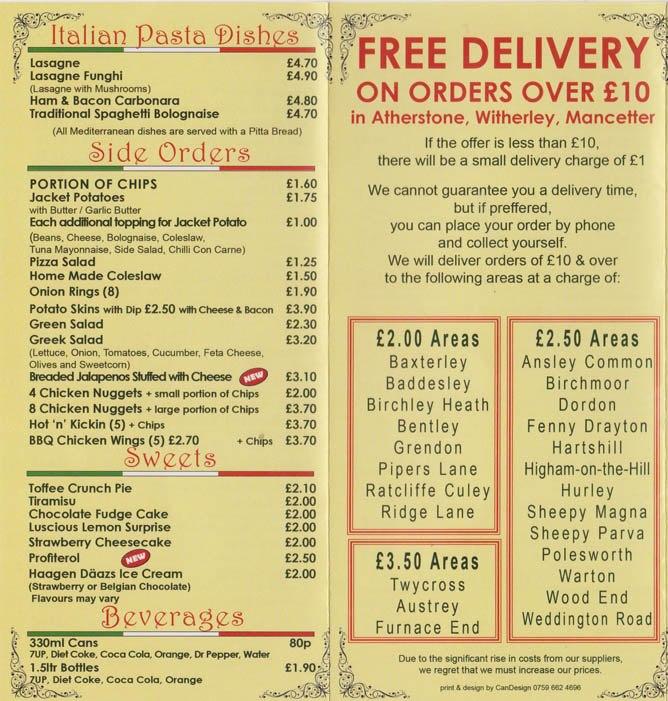 Menu at Pinocchio Pizzas pizzeria, Atherstone