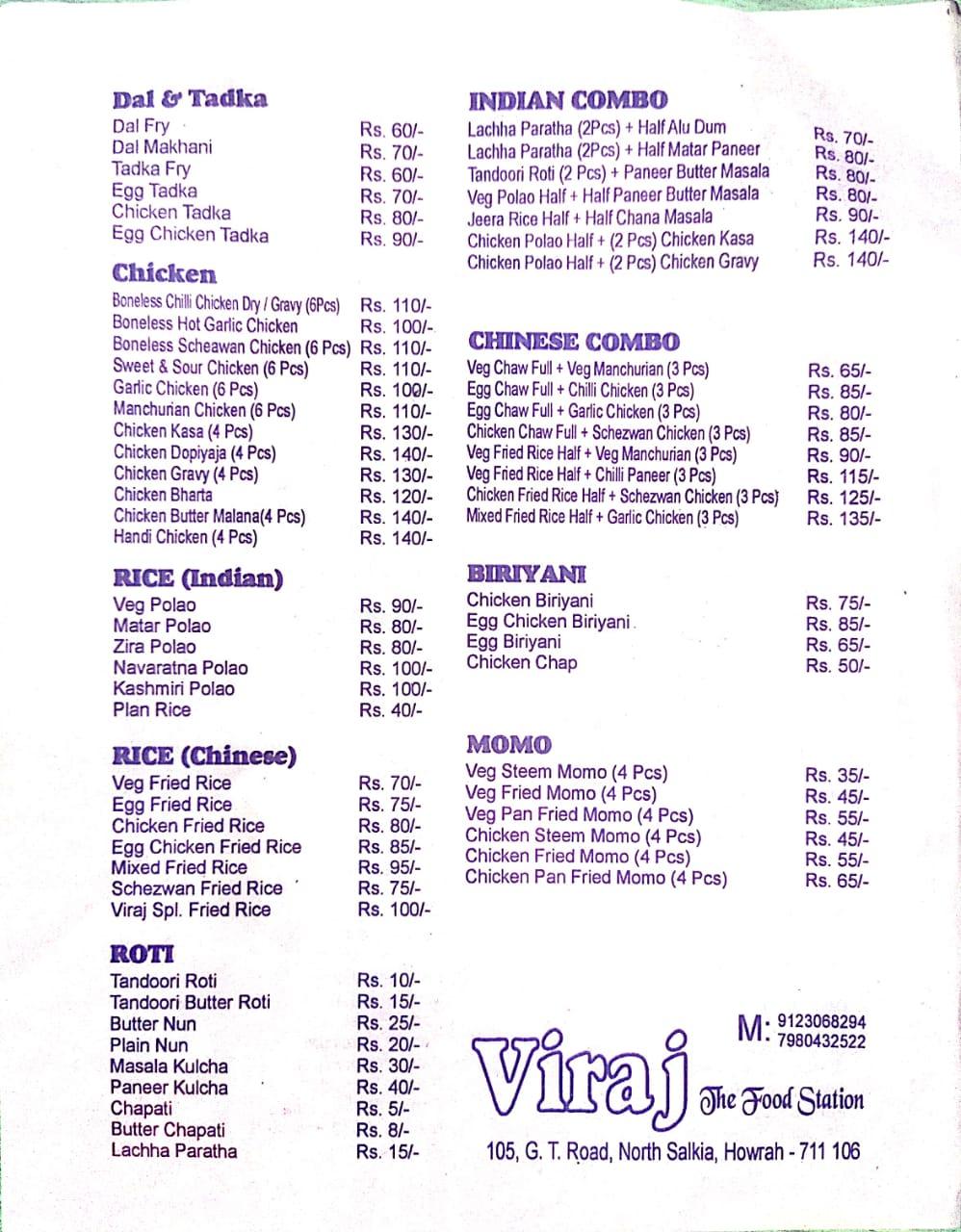 Menu at VIRAJ The food station, Howrah
