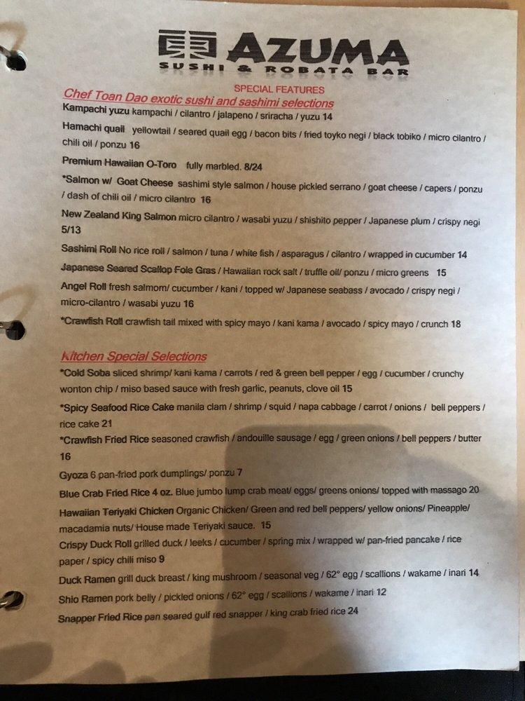 Carta del restaurante Azuma, Houston, Kirby Dr