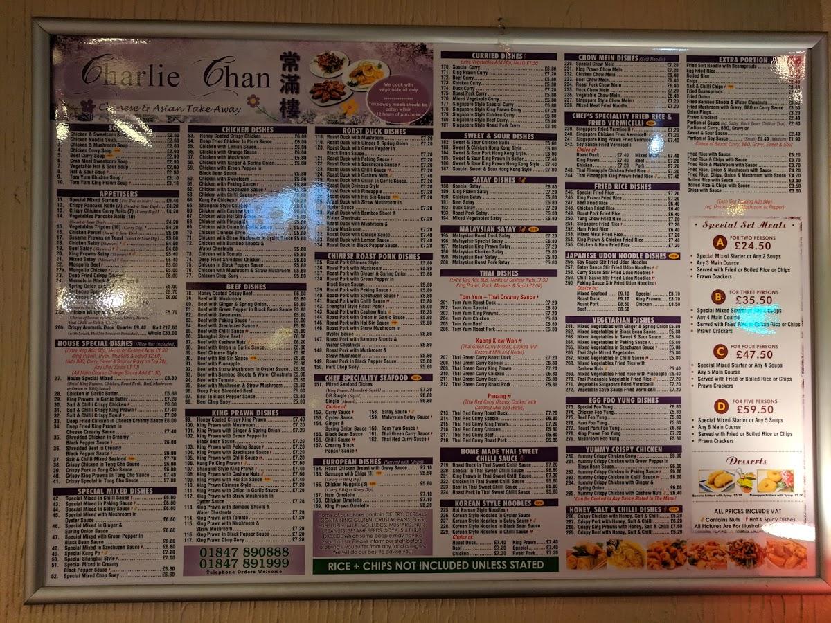 Menu at Charlie Chan fast food, Thurso