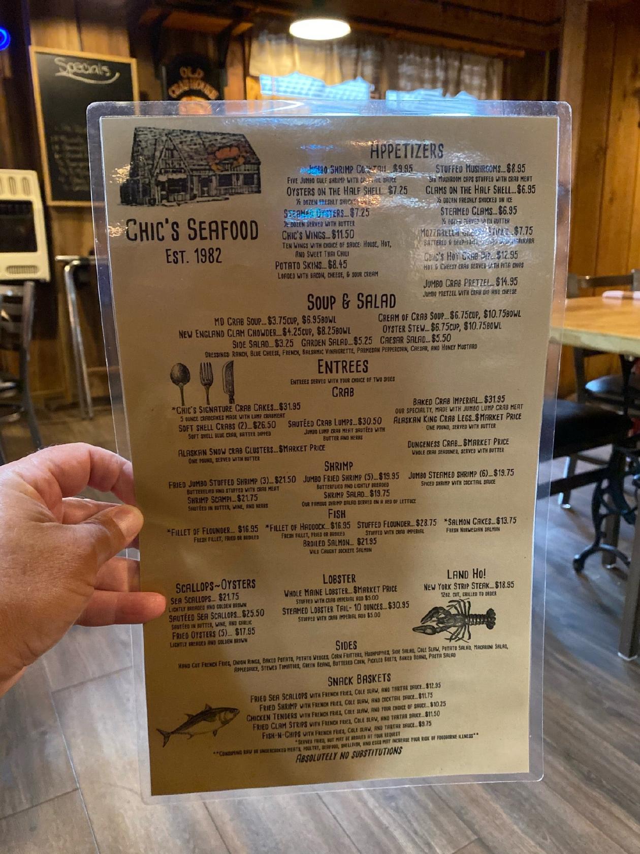 Menu at Chic's Seafood restaurant, Hagerstown