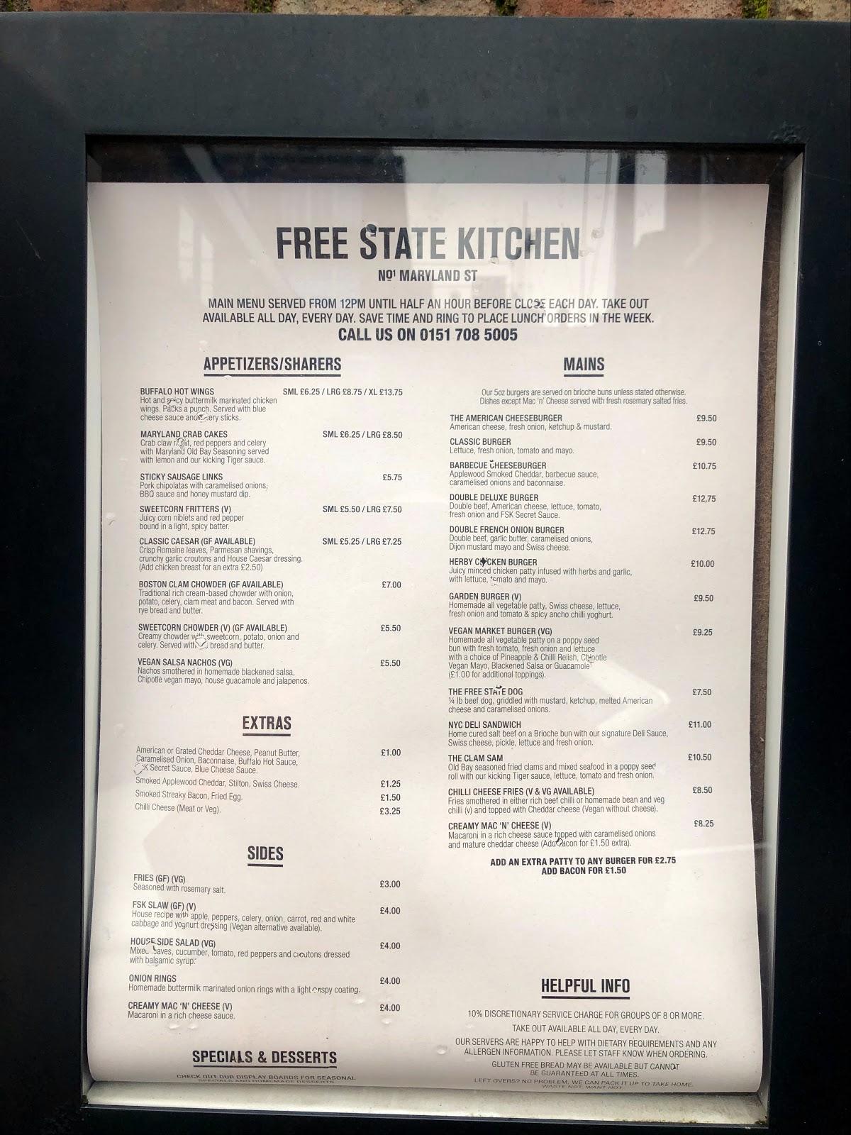 Menu at Free State Kitchen pub & bar, Liverpool