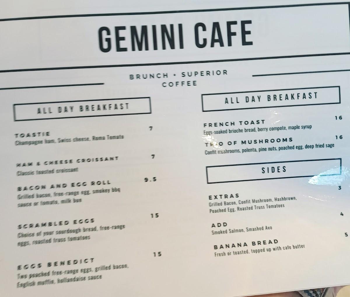 Menu at Gemini restaurant, Phillip