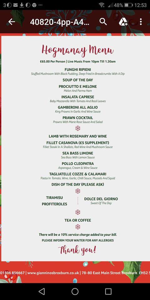 Menu at Gianninos restaurant, Broxburn