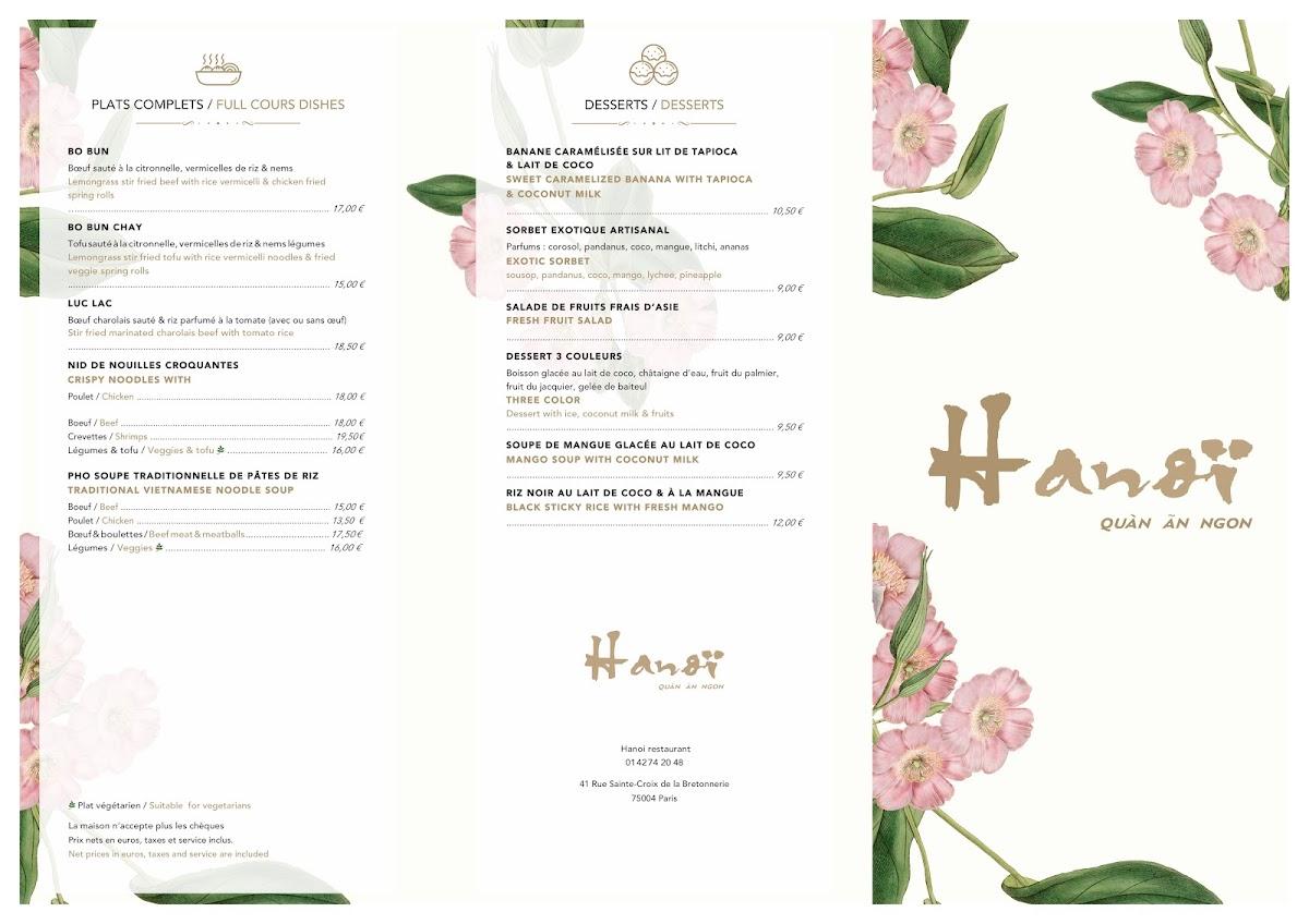Menu at Hanoi restaurant, Paris, 41 Rue Sainte-Croix de la Bretonnerie