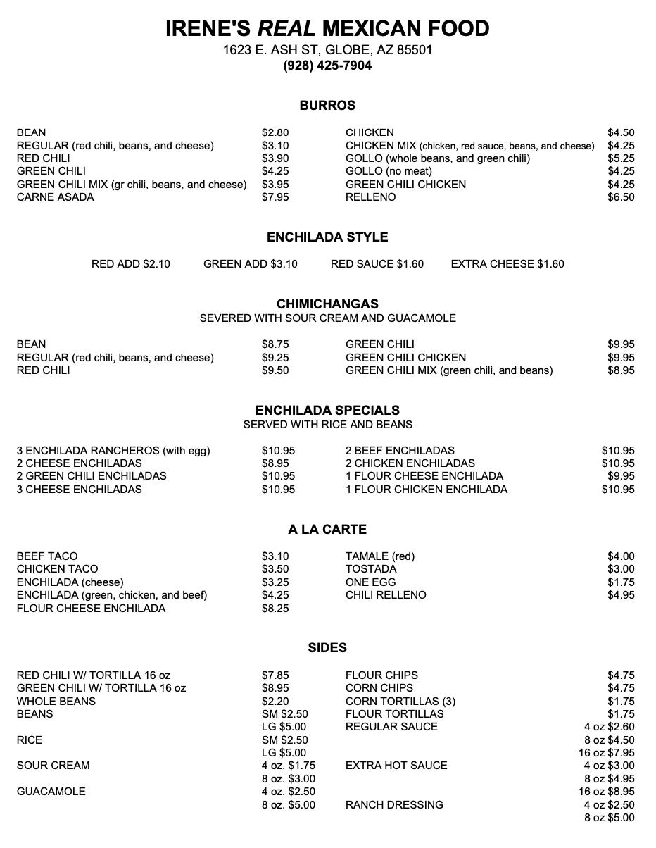 Menu at Irene's Real Mexican Food restaurant, Globe