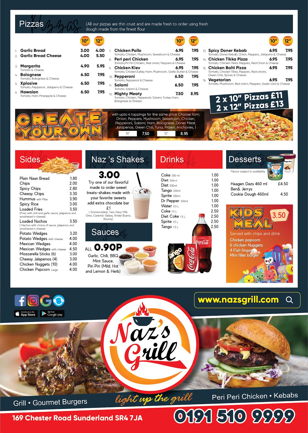 Menu at Naz's Grill restaurant, Sunderland
