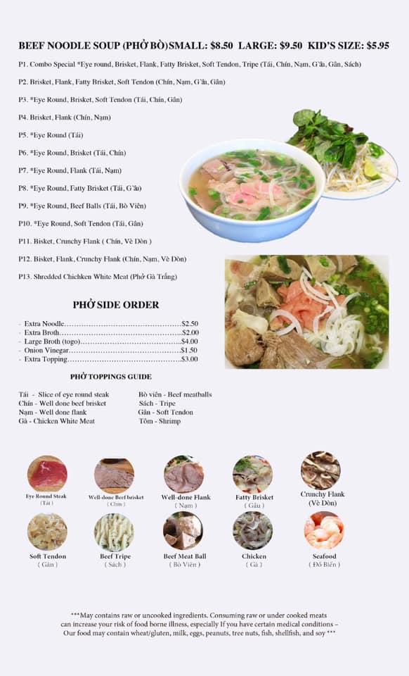 Menu at Phở Sài Gòn Ơi restaurant, Springfield