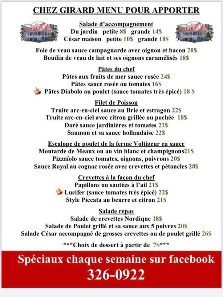 Menu au Restaurant Chez Girard, Sainte-Agathe-des-Monts