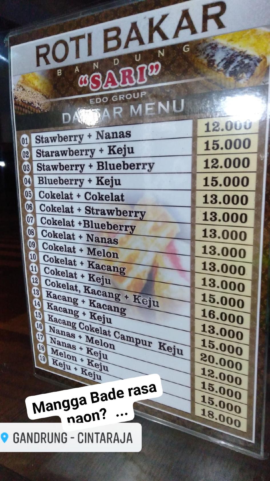 Carta del restaurante Roti Bakar Siti Sarah Edo Group Khas Bandung ...