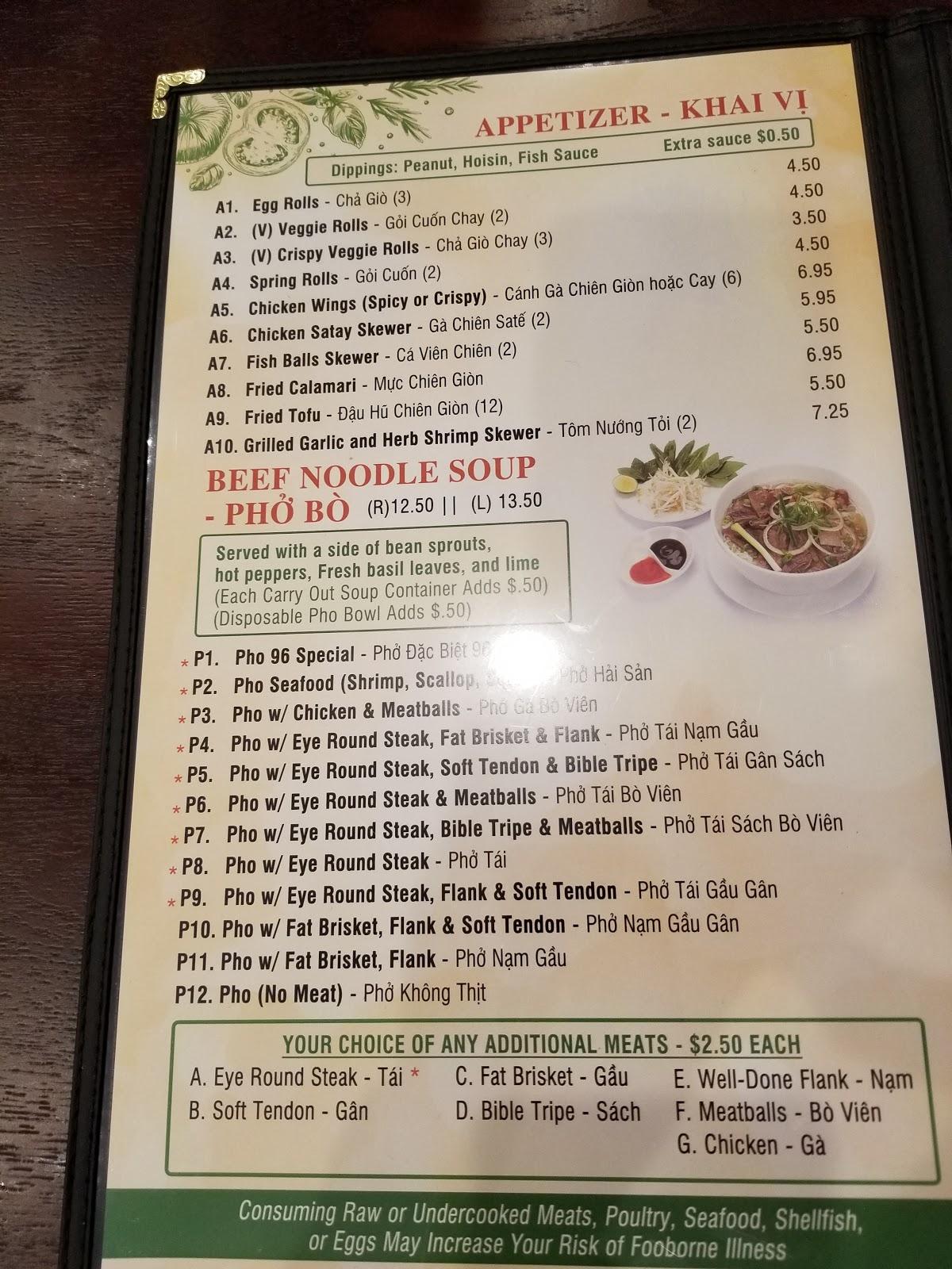 Menu at 96 Vietnamese Cuisine restaurant, Warner Robins