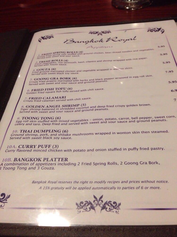 Menu at Bangkok Royal restaurant, Waco