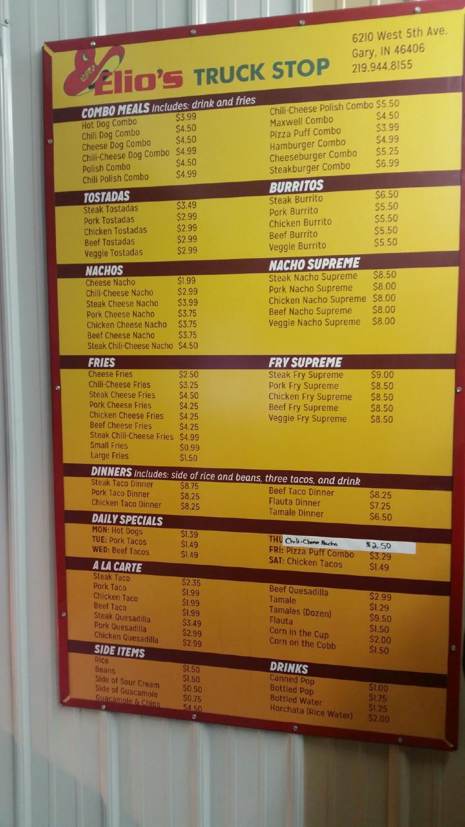 Menu at Elio's Hot Dogs & Mexican Food restaurant, Gary