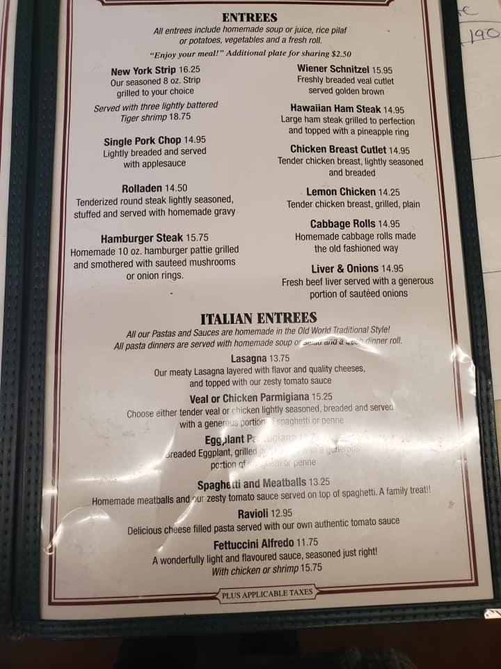 Menu at John's Restaurant, Niagara Falls