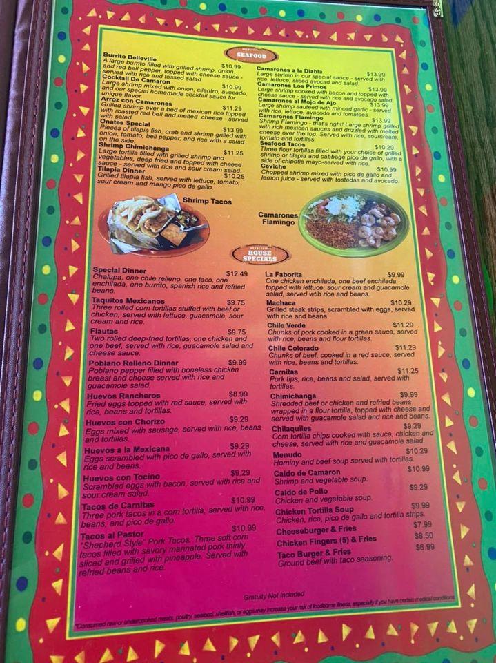 Menu at Los Primos restaurant, Belleville