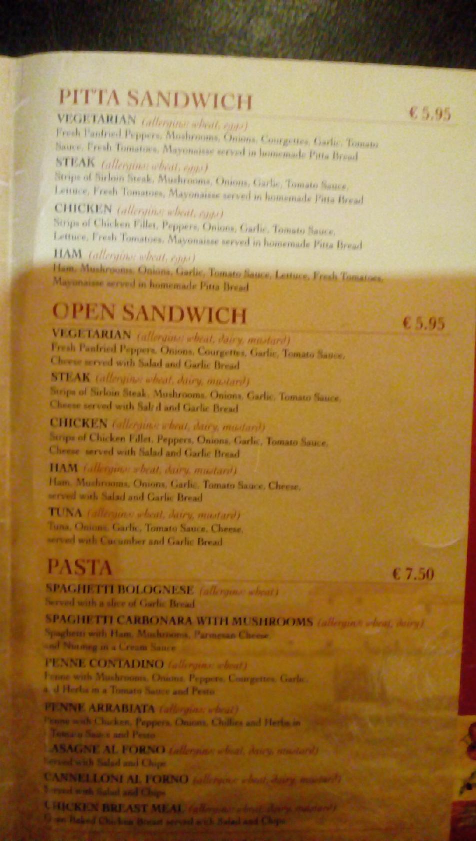 Menu at Bella Cafe, Mallow, 111-112