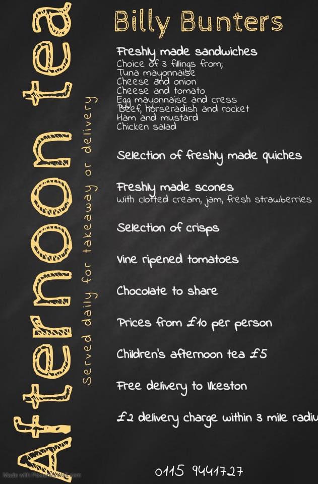 Menu at Billy Bunters Cafe, Ilkeston