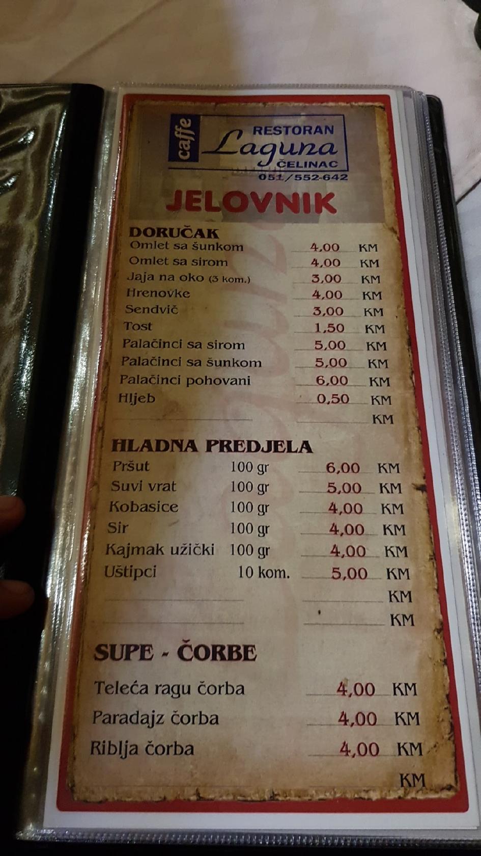 Menu at Restoran Laguna restaurant, Čelinac