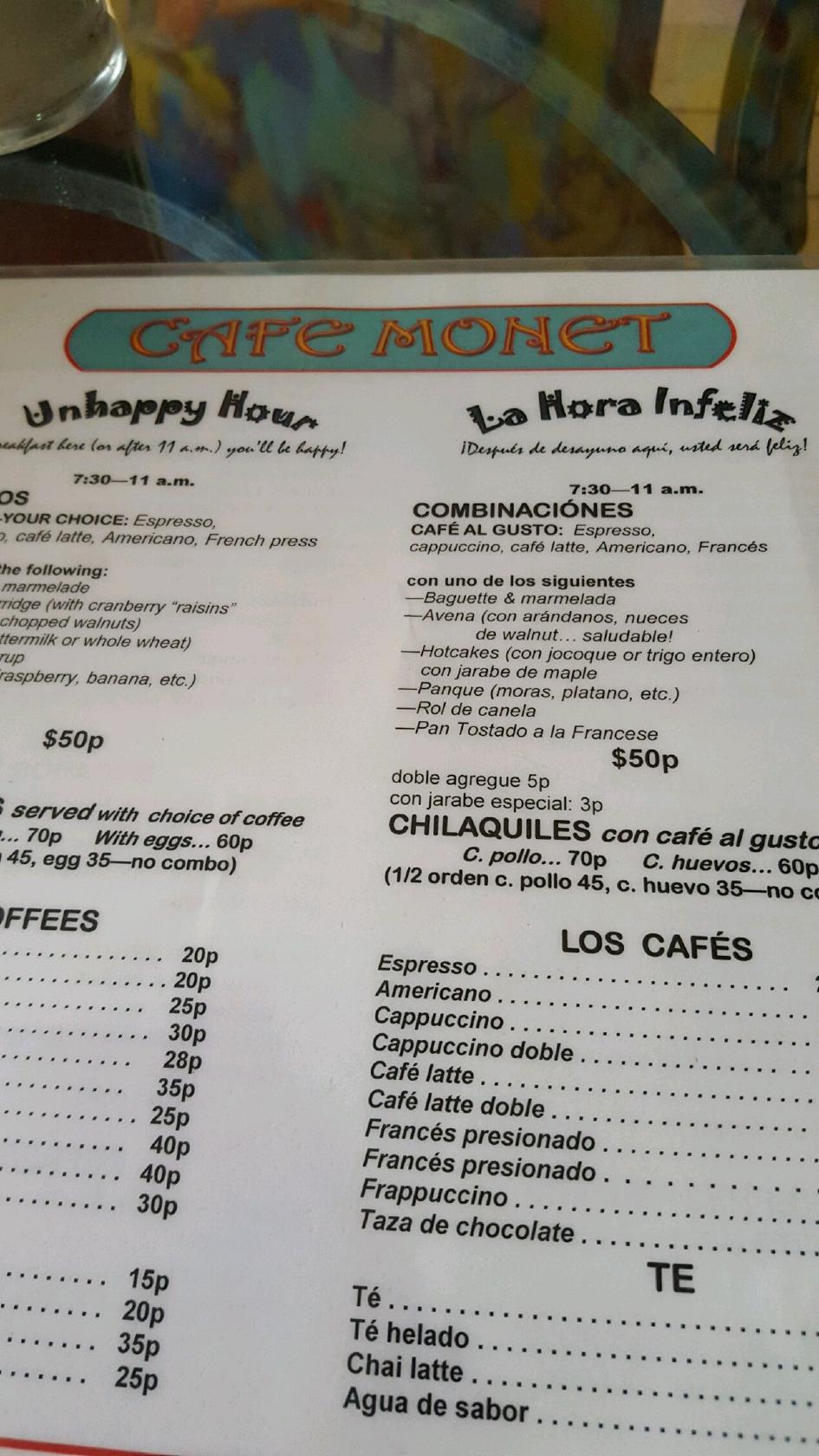 Menu at Restaurante Cafe Monet, San Miguel de Allende