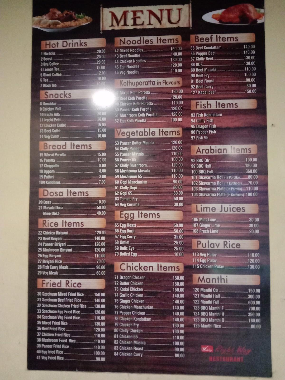 Menu at Rightway Restaurant Karuvannur, Porathissery, Bus Stop