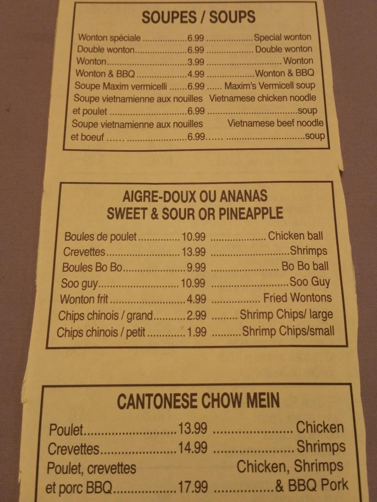 Menu au Saigon Maxim restaurant, Shippagan