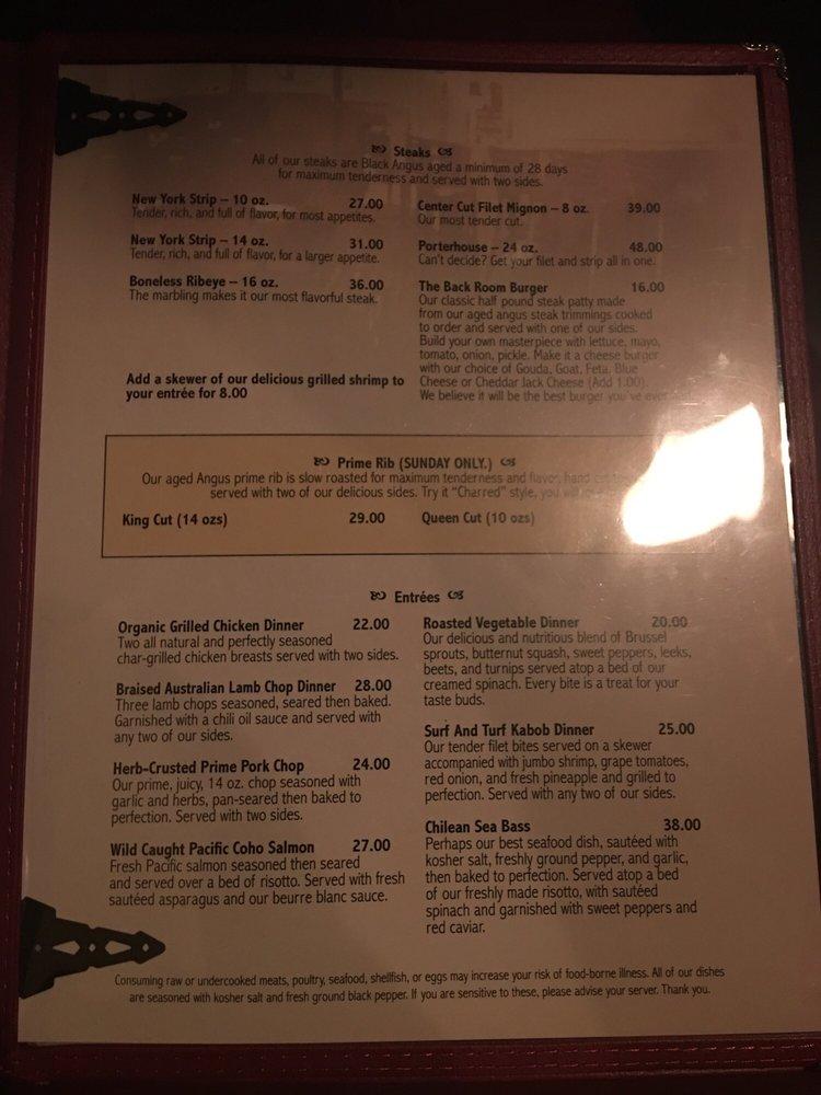 Menu at The Back Room Steakhouse, Apopka
