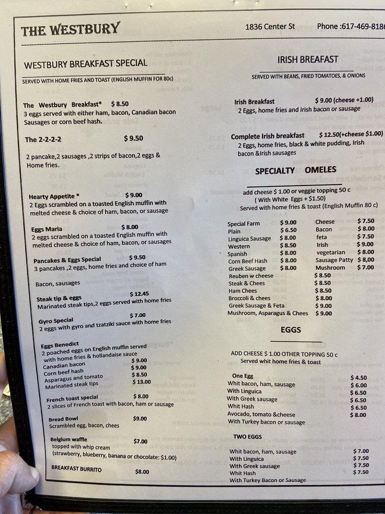 Menu at Westbury Restaurant, Boston