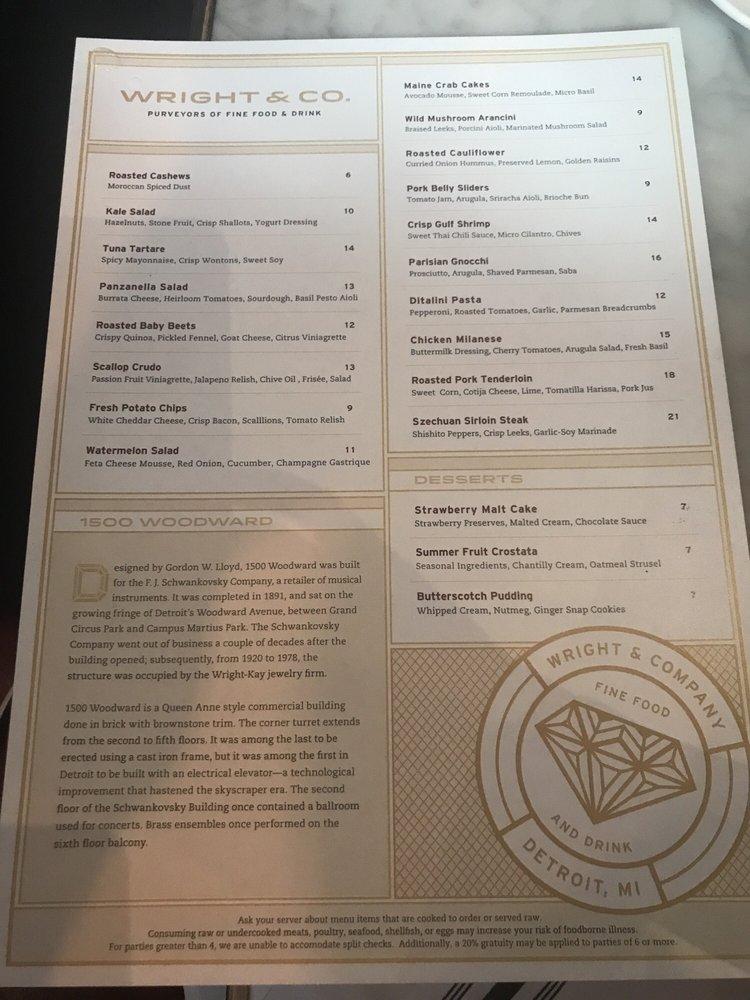 Menu at Wright & Company restaurant, Detroit