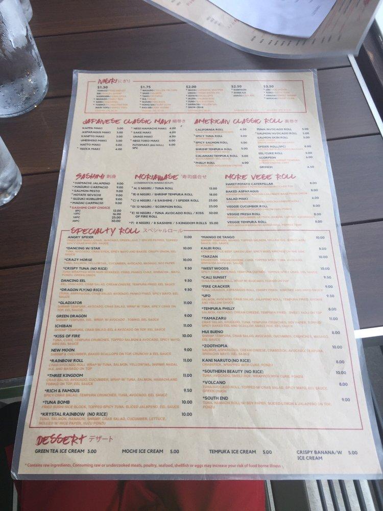 Menu at Yamazaru Sushi & Sake restaurant, Charlotte