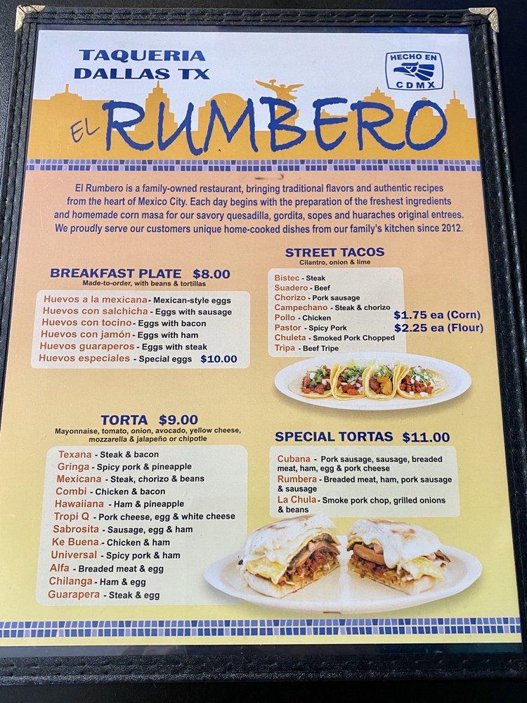 Menu at El Rumbero Taqueria restaurant, Carrollton, Marsh Ln Ste 114