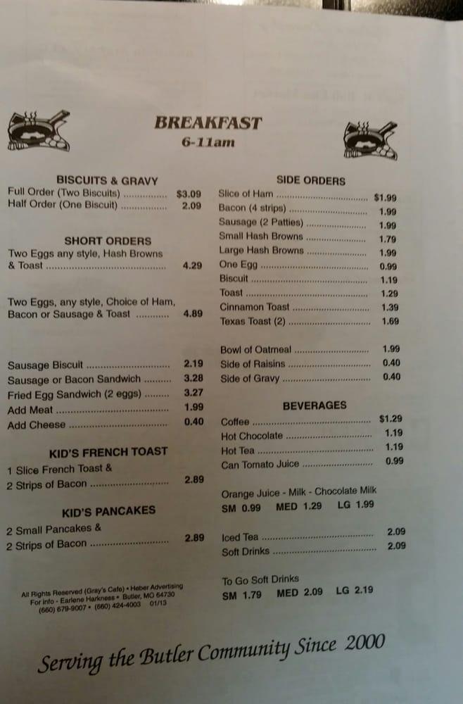 Menu at Gray's Cafe, Adrian