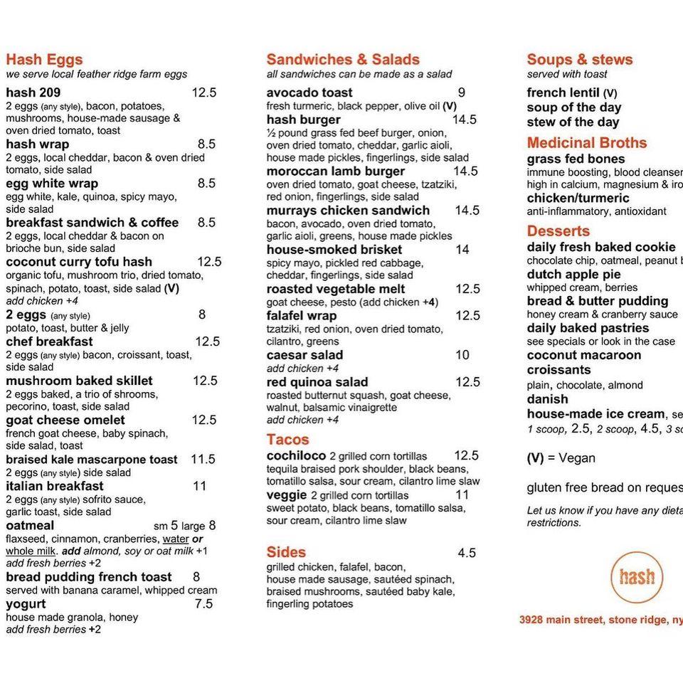Menu at Hash restaurant, Stone Ridge