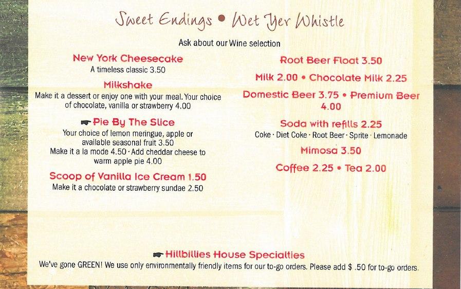 Menu at Hillbillies Restaurant, Murphys