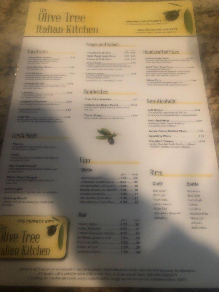 Menu at The Olive Tree restaurant, Glen Burnie