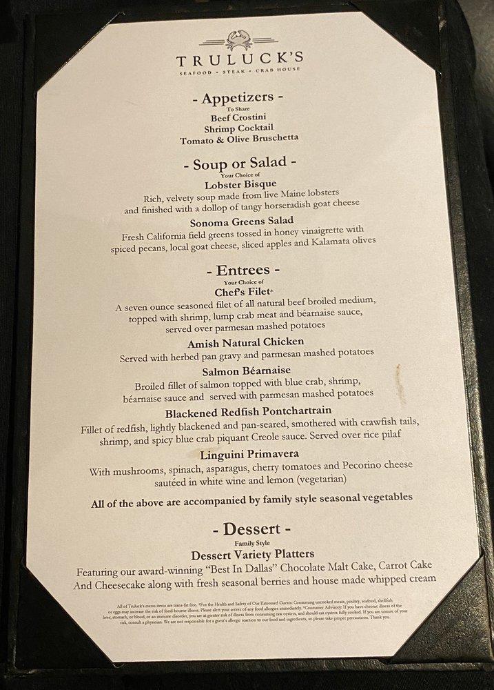 Menu at Truluck's steakhouse, Dallas, McKinney Ave